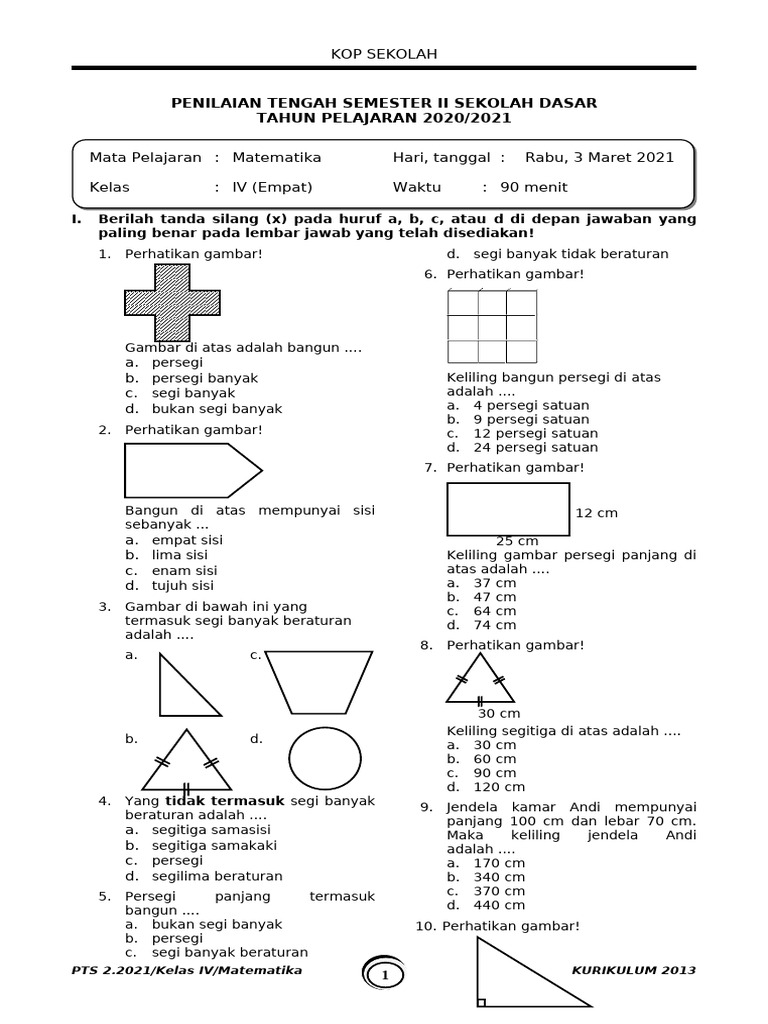 Soal PTS MATEMATIKA KELAS 4 SMT 2 | PDF | Metode & Bahan Ajar | Seni