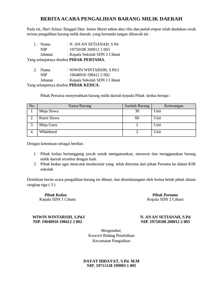 Berita Acara Pengalihan Barang Milik Daerah | PDF