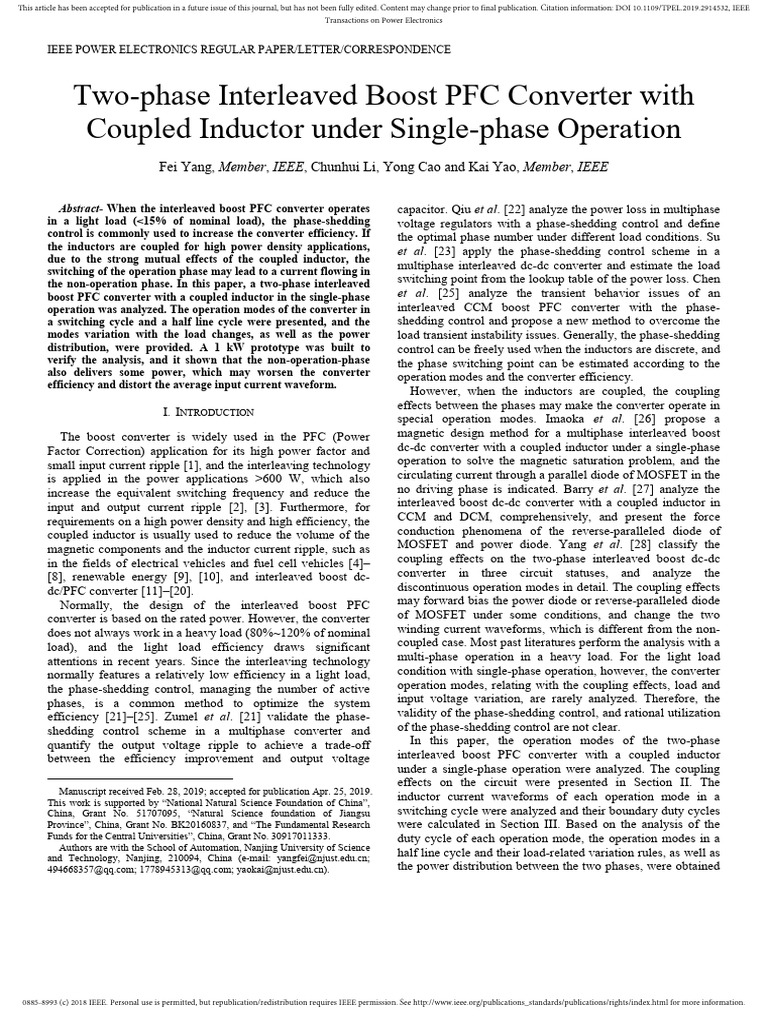 Tpel2019 Two Phase Interleaved Boost Pfc Converter With Coupled Inductor Under Single Phase