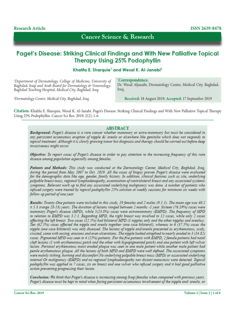 Paget"s Disease Striking Clinical Findings and With New Palliative ...