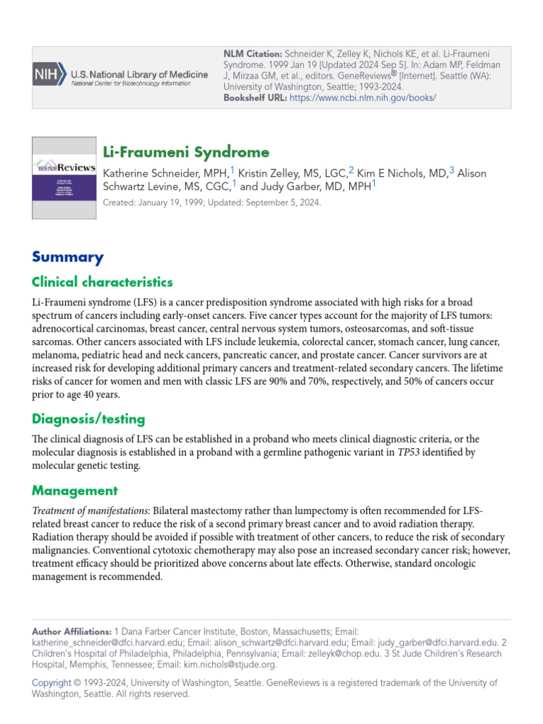 Bookshelf - NBK1311 Genereviews Li-Fraumeni Syndrome | PDF | Cancer ...