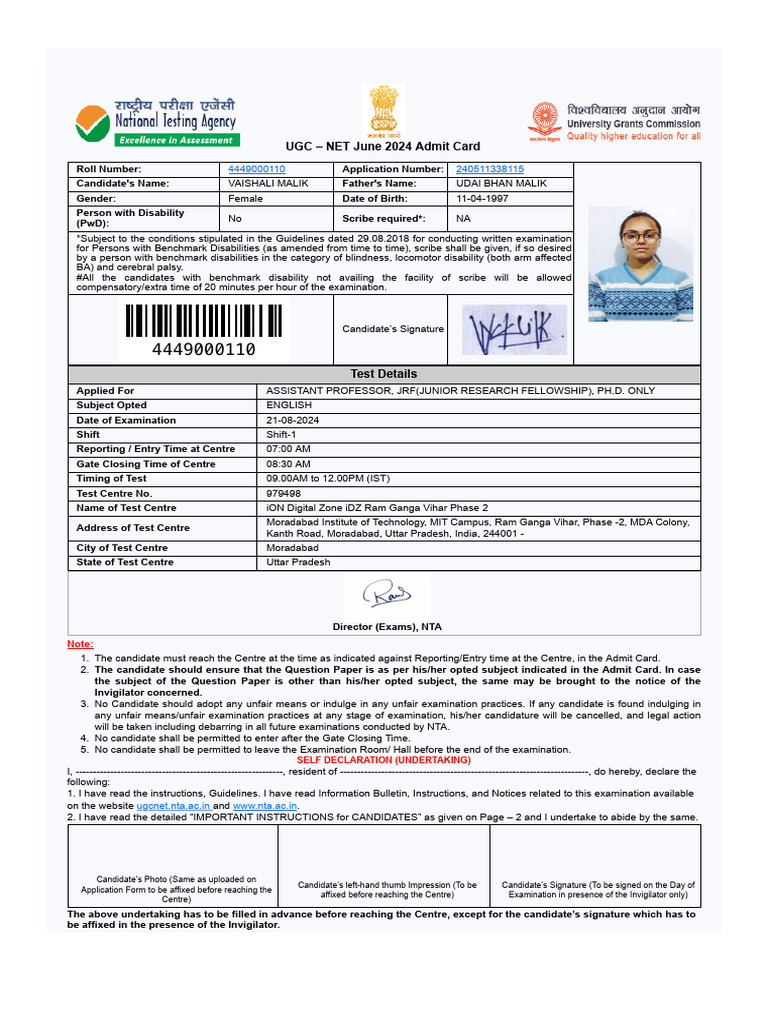 UGC NET June 2024 Admit Card Details | PDF | Identity Document