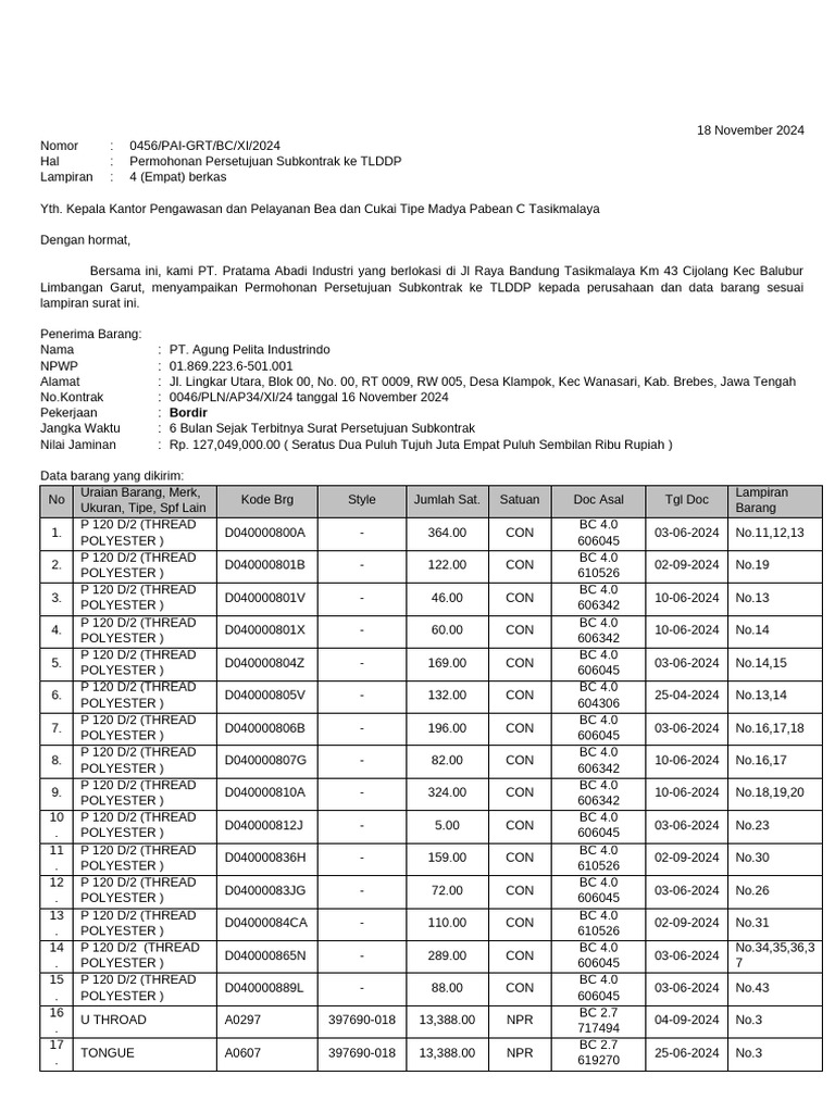 0456-PAI-GRT-BC-XI-2024 0046-PLN-AP34-XI-24 Agung Pelita Industrindo | PDF
