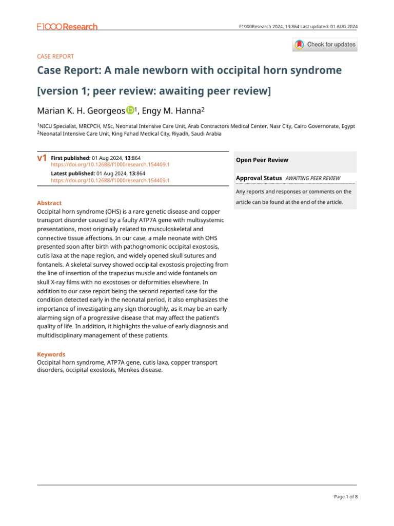 Case Report A Male Newborn With Occipital Horn Syn | PDF | Diseases And ...