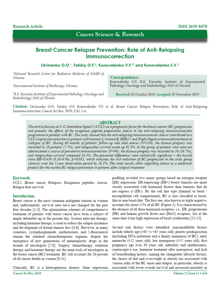 CCL5 and Arecur in Breast Cancer Relapse | PDF | Inflammation | Breast ...