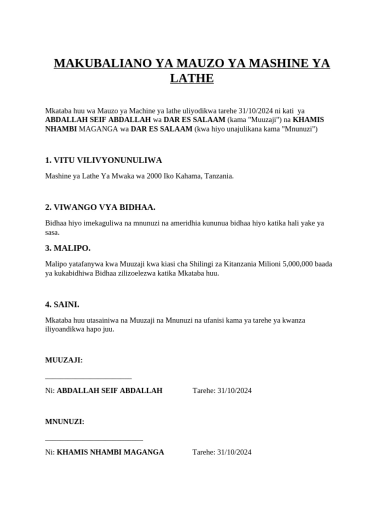 Sales Agreement Welding Machine Kahama | PDF