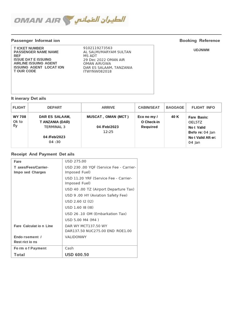 Oman Air Ticket Confirmation Details | PDF | Transport | Aviation