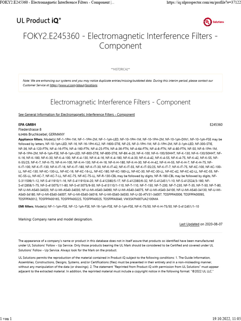 FOKY2.E245360 - Electromagnetic Interference Filters - Component UL Product Iq | PDF | Copyright ...