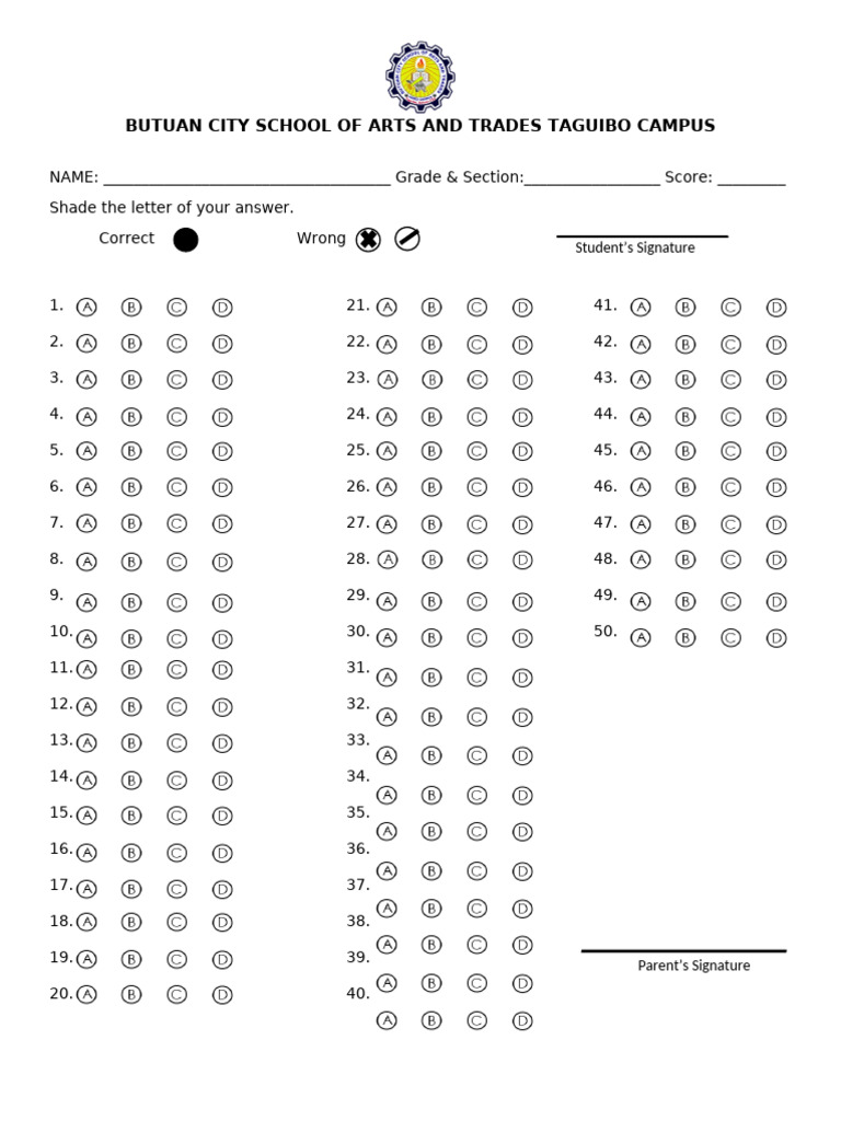Butuan City Arts & Trades Exam Sheet | PDF