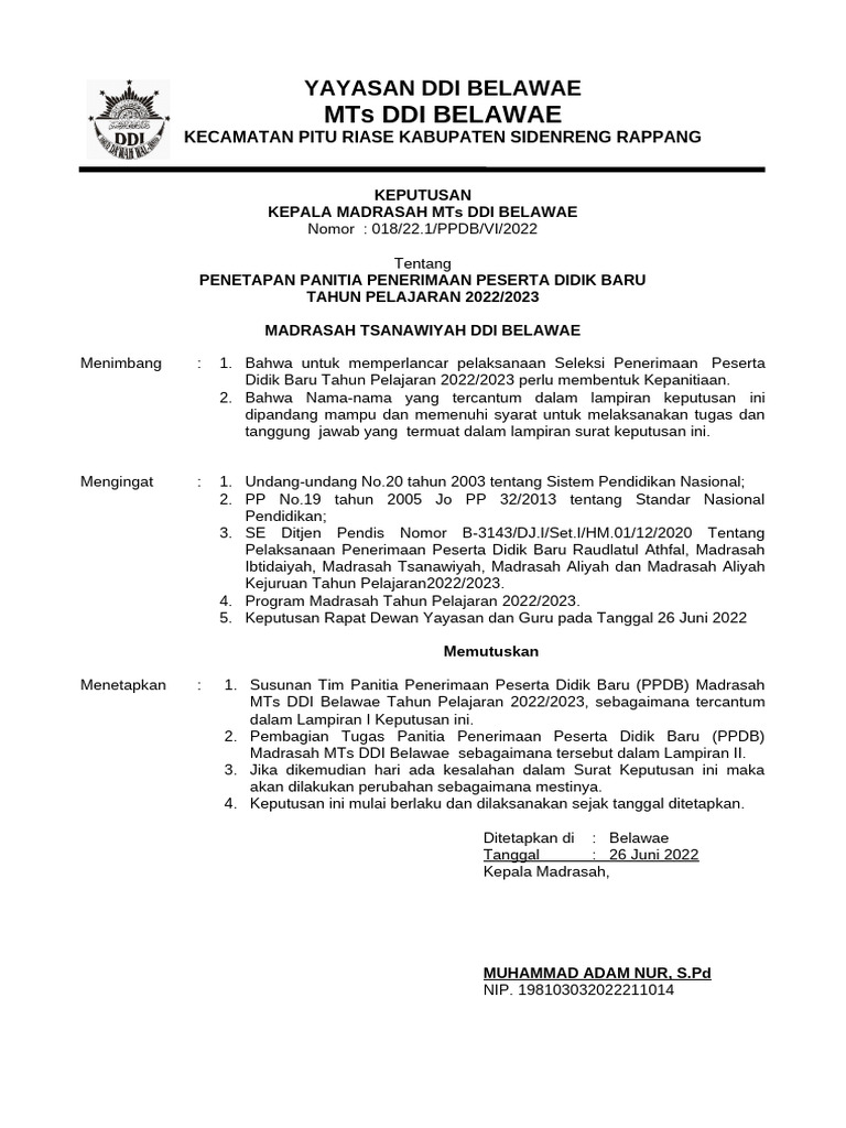 SK Panitia PPDB Madrasah 2022 | PDF