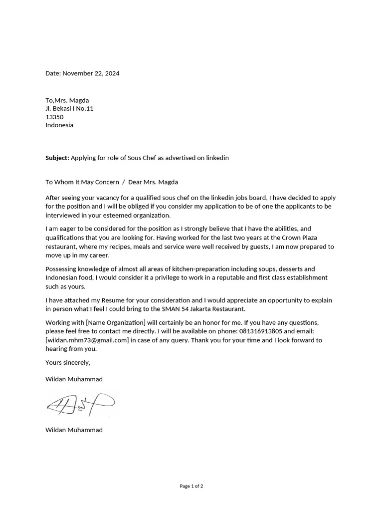 Sous Chef Application Letter | PDF