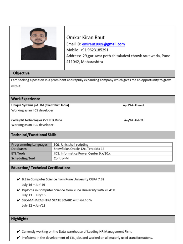 IICS Developer Resume - Omkar Raut | PDF | Databases | Computer Programming