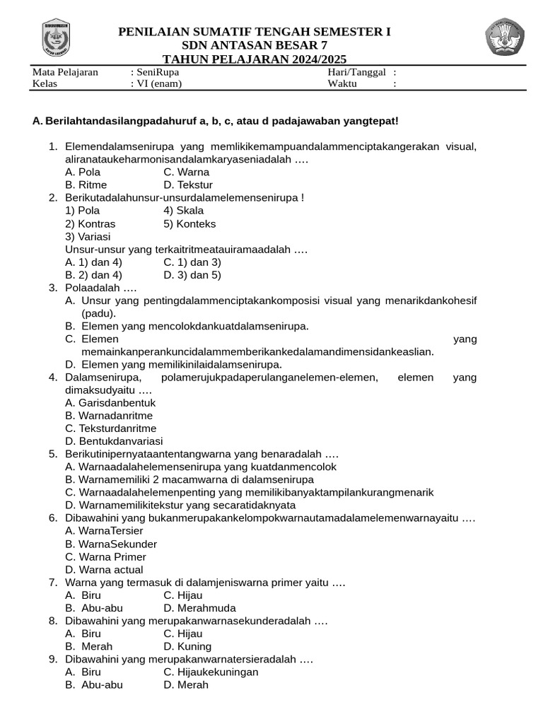 Soal Seni Rupa Sts Kls 6 Fix | PDF