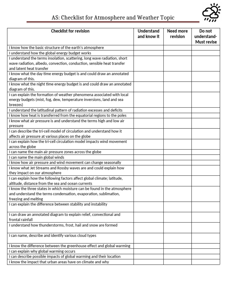 Atmosphere and Weather Checklist | PDF