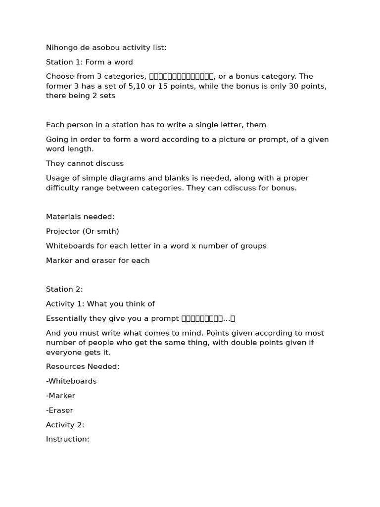 Nihongo de Asobou 24 Activity List | PDF | Language Arts & Discipline