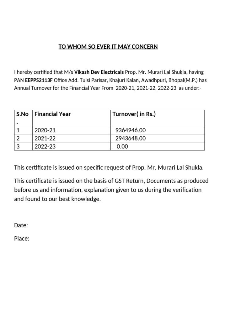 Turnover Certificate | PDF | Finance & Money Management