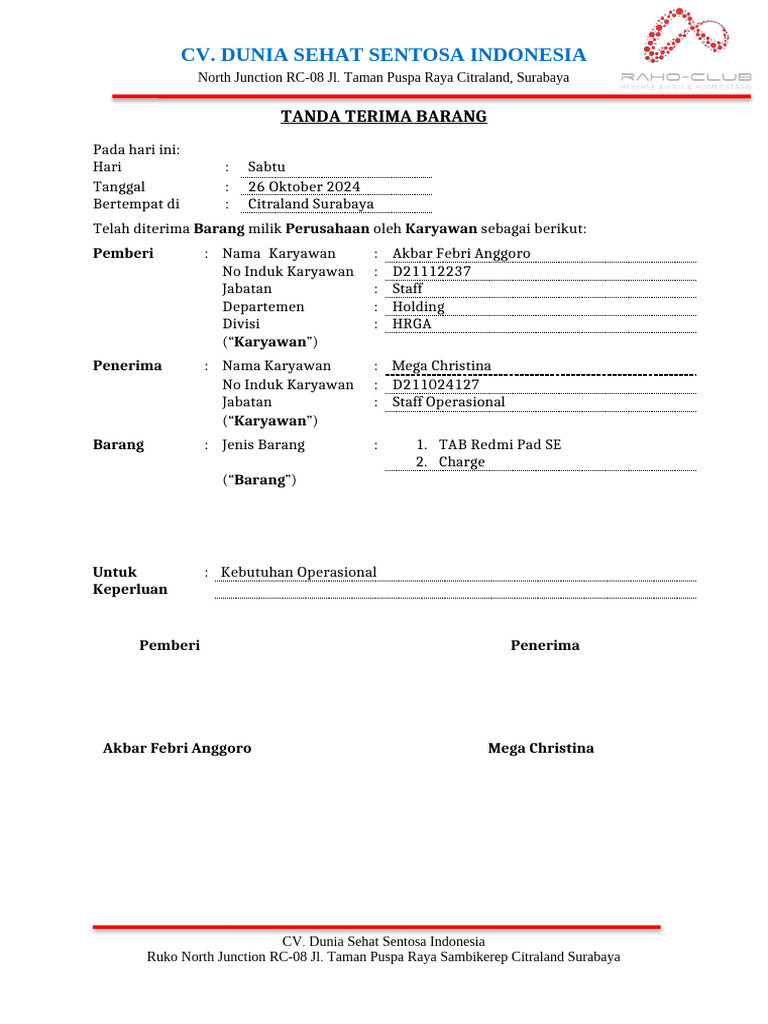 Draft Tanda Terima Barang Milik Perusahaan | PDF