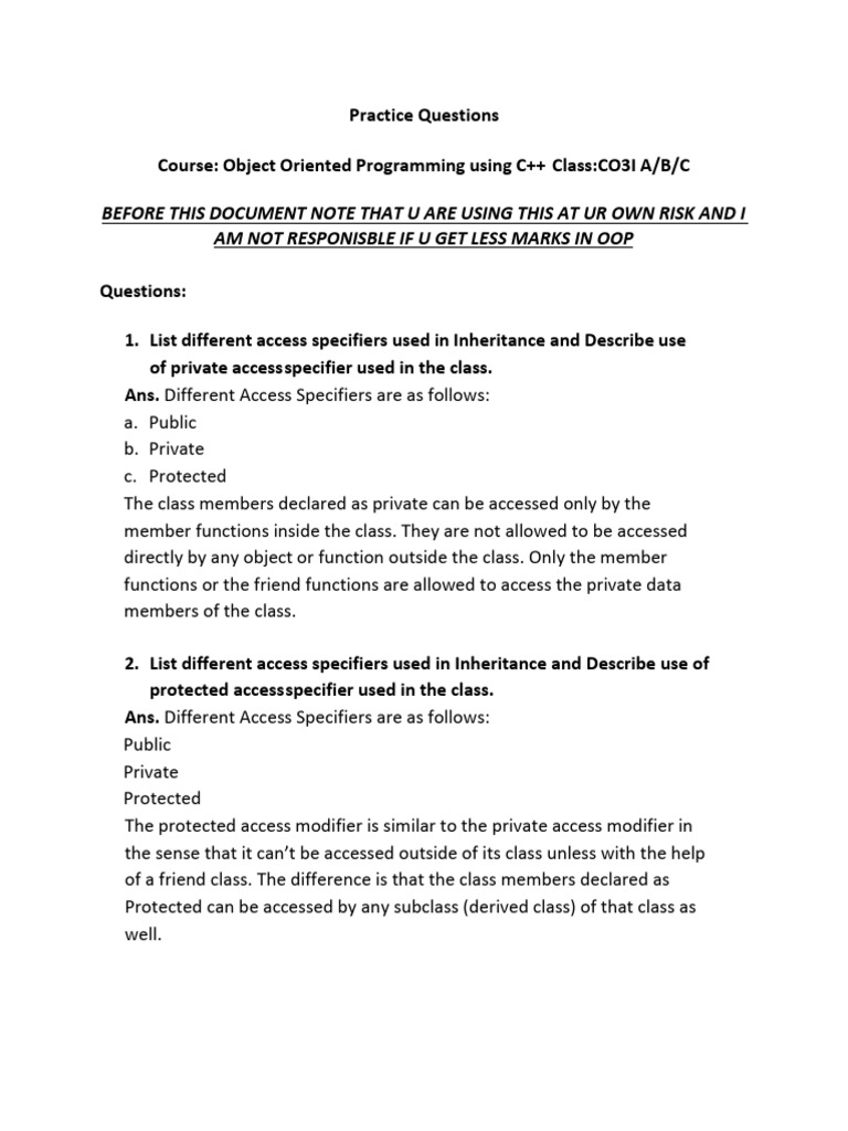 Answer Bank For OOP CT2 | PDF | Class (Computer Programming) | Inheritance (Object Oriented ...