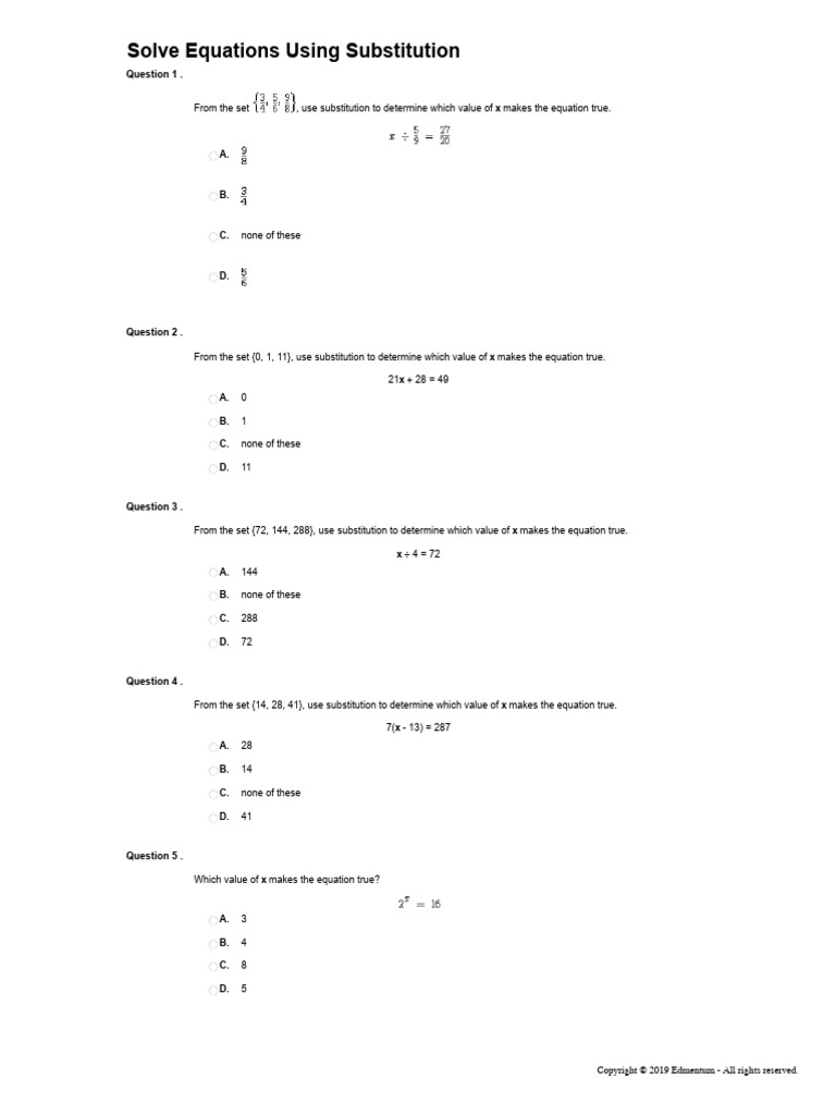 SI_6.EE.B.5_solve EQs using substitution | PDF | Equations ...