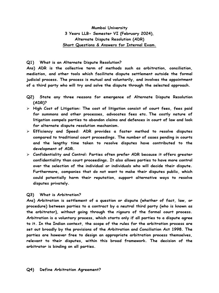 Law Students' ADR Exam Guide | PDF | Alternative Dispute Resolution ...