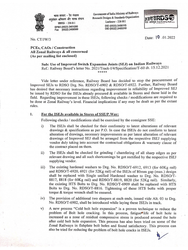 RDSO - ISEJ - LR No CT JW 3 Dated 10 01 22 | PDF