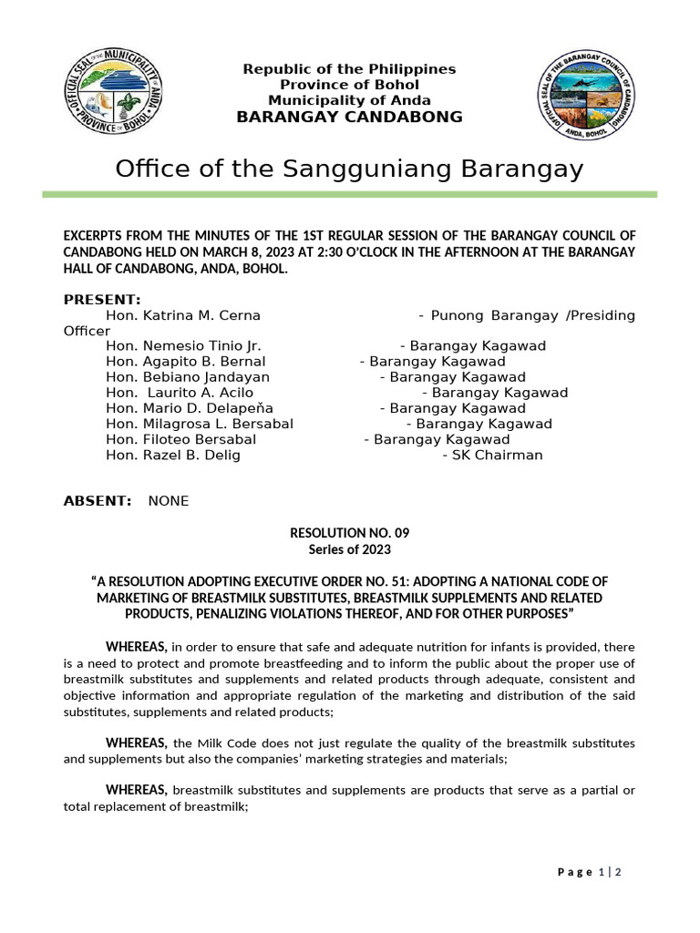 Reso 2023-003 Adopting Eo 51 Milk Code | PDF | Breast Milk | Breastfeeding