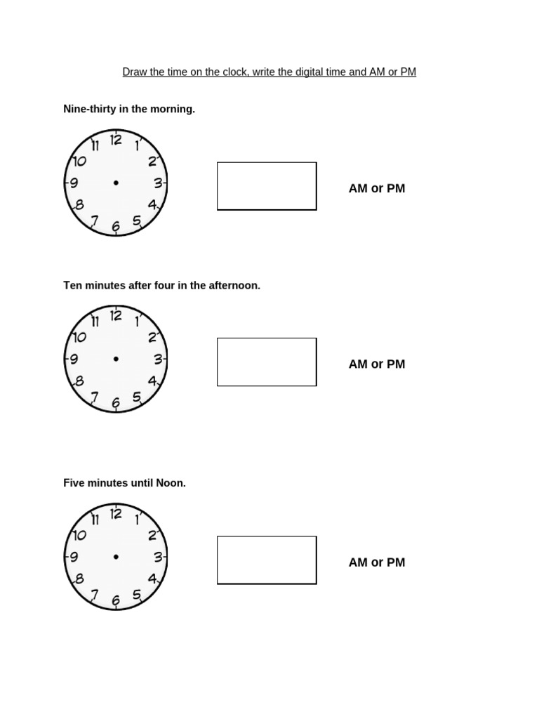 Nine-Thirty in The Morning.: Draw The Time On The Clock, Write The ...