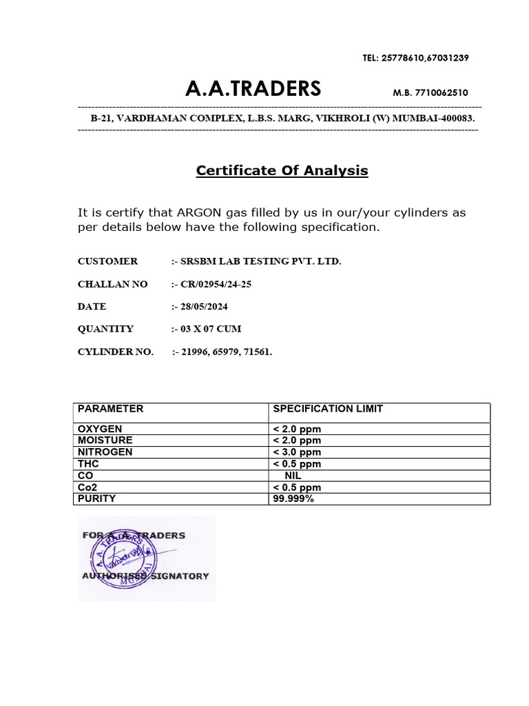 SRSBM Lab Coa (Argon) (02954) | PDF