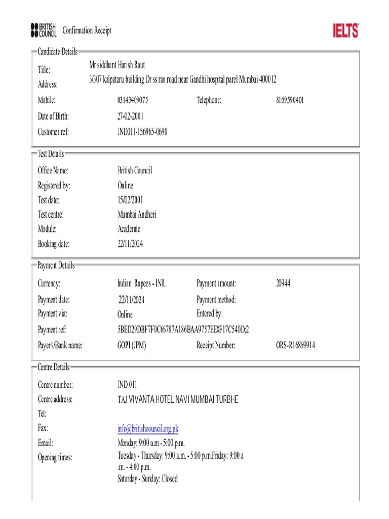 IELTS Fee Receipt | PDF