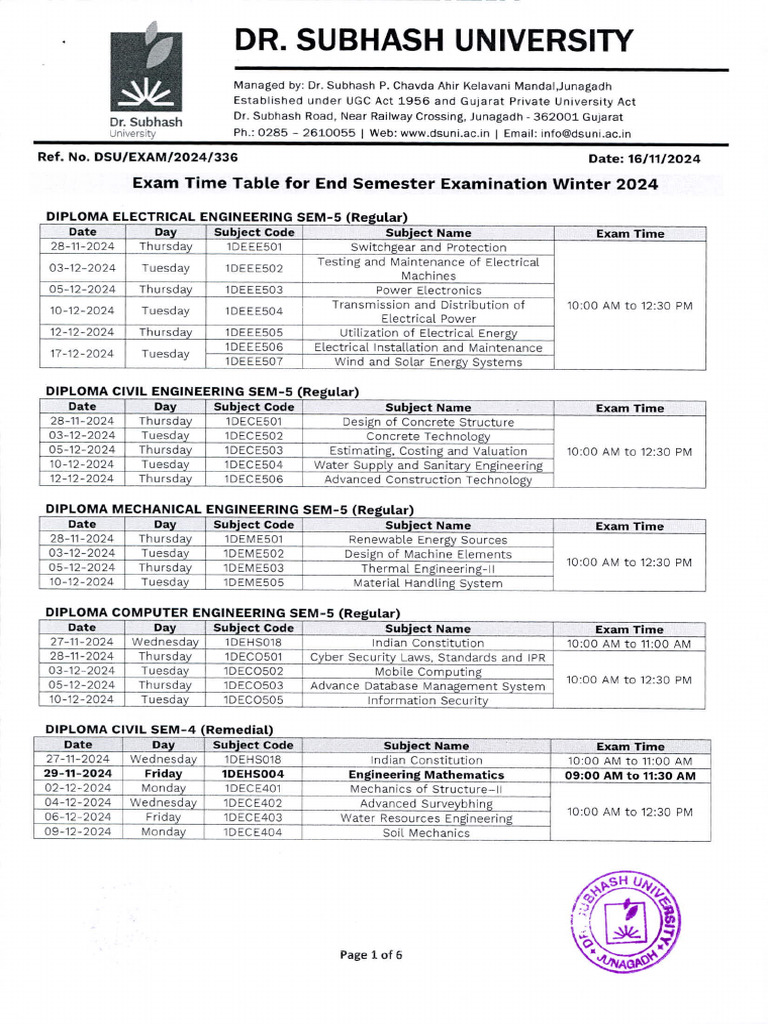 Diploma Winter 2024 Examination Time Table | PDF