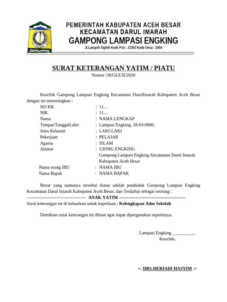 Surat Keterangan Yatim Piatu | PDF