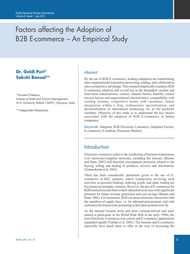 Factors Affecting The Adoption of B2B E-Commerce - An Empirical Study ...