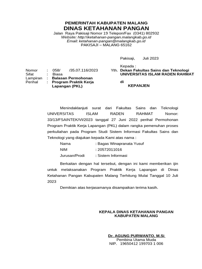 Surat Balasan PKL | PDF