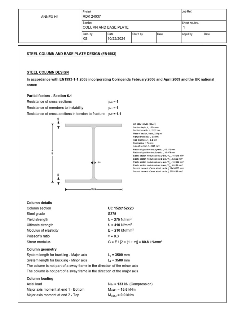 Steel Column and Base Plate Design (EN1993) | PDF | Buckling | Column