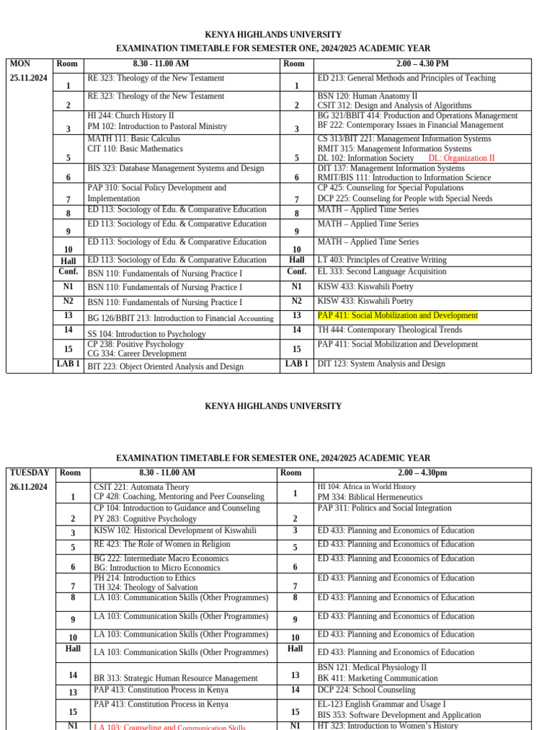 KH University Exam Timetable 2024/25 | PDF | Mathematics