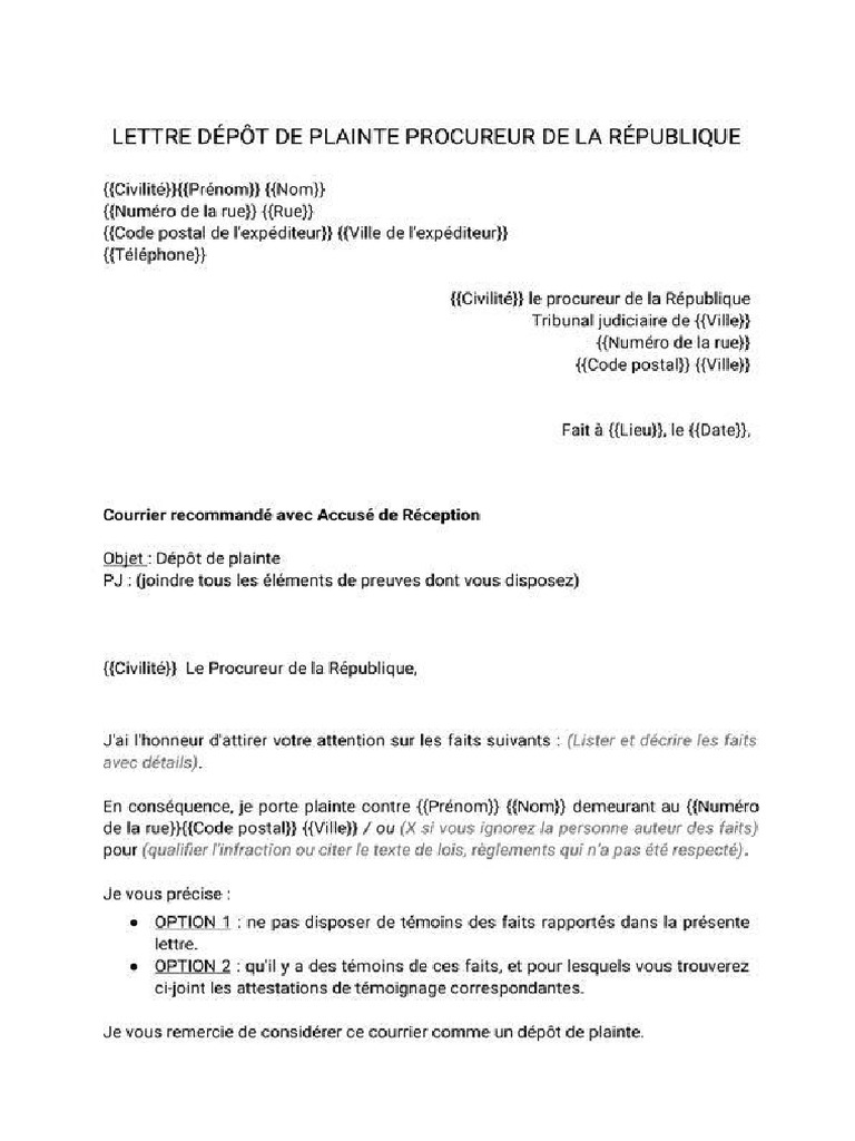 Lettre Depot Plainte Devant Procureur Republique | PDF