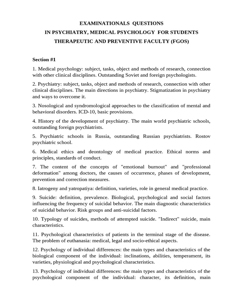 Psychiatry & Psychology Exam Questions | PDF | Psychiatry | Mental Disorder