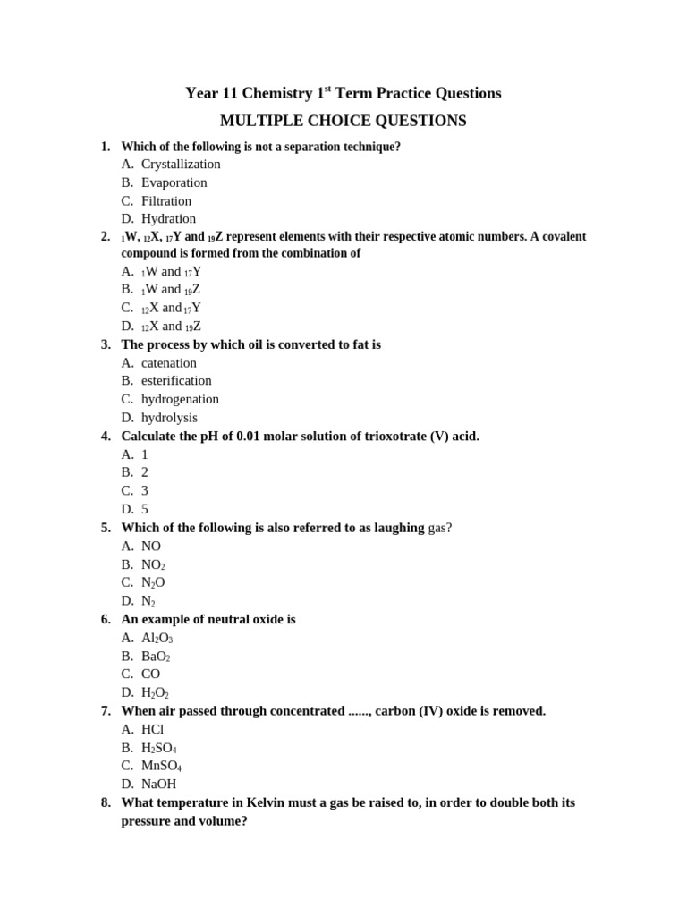 Yr 11 First Term Exam Practice Questions Oct 2024 | PDF | Hydroxide ...