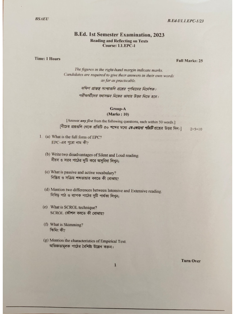 1st Sem 1.1.EPC-1 2023 | PDF | Reading Comprehension | Speed Reading