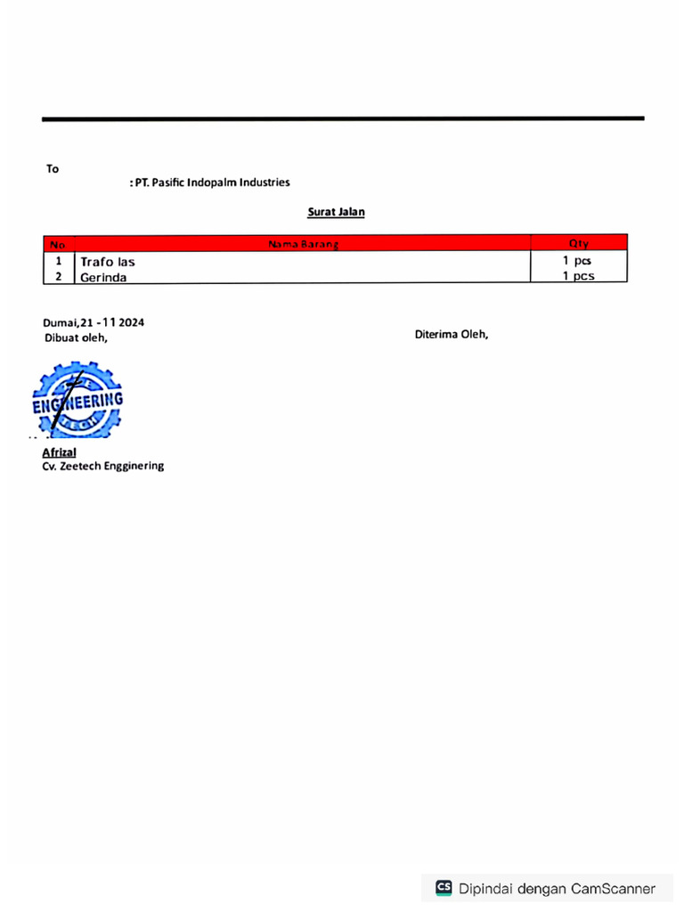 Surat Jalan Trafo Dan Gerinda | PDF