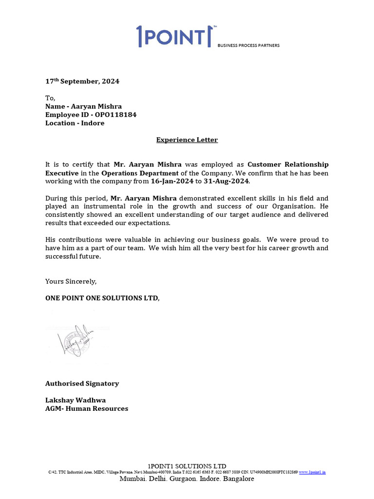 Experience Letter for Aaryan Mishra | PDF