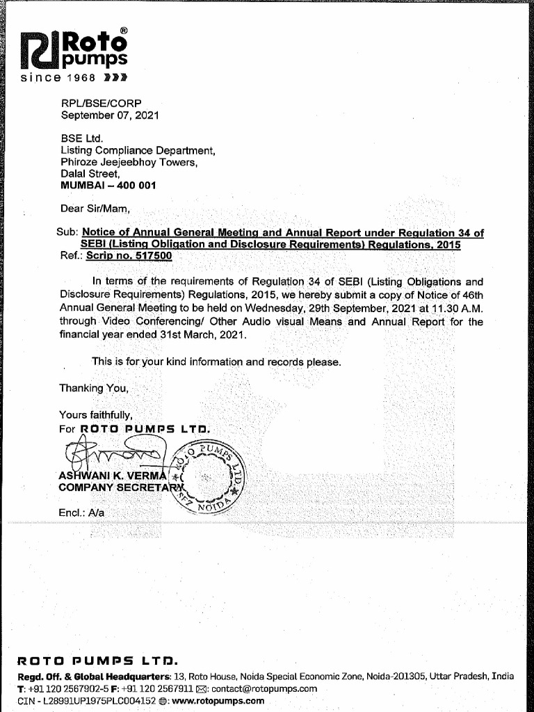 Sub: Notice of Annual General Meeting and Annual Report Under ...