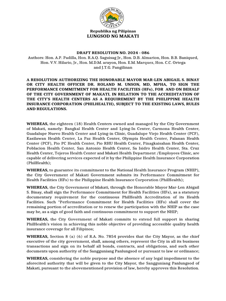 Draft City Resolution 2024-086 Performance Commitment For Health Facilities | PDF | Makati | Justice
