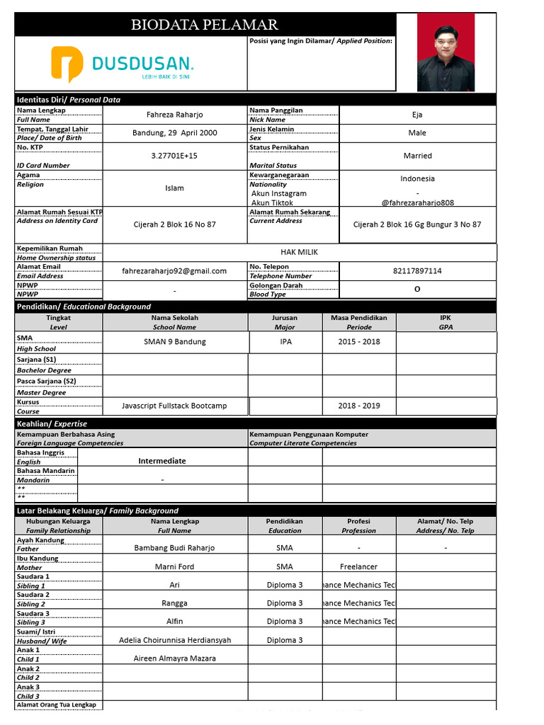 Form Biodata Pelamar DDC - Nama & Posisi Yang Dilamar - XLSX - Biodata Pelamar | PDF