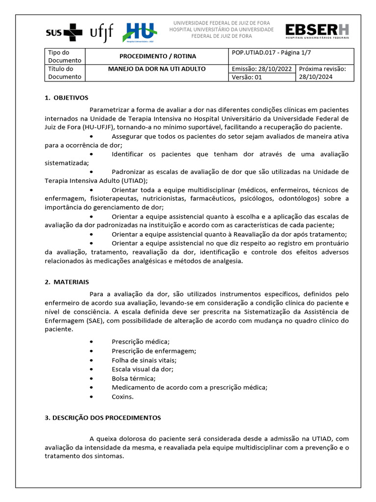 Pop Utiad 017 Manejo Da Dor Na Uti Adulto | PDF | Unidade de Tratamento Intensivo (UTI) | Enfermagem