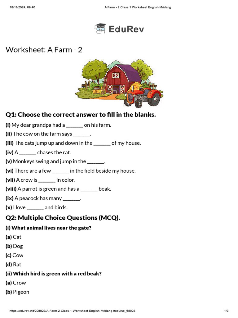 Class 1 English Worksheet: A Farm | PDF | Science & Mathematics