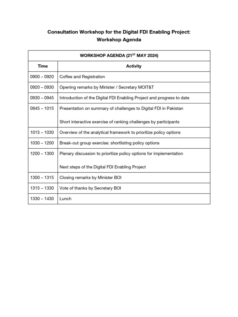 Workshop Agenda - Digital FDI Enabling Project | PDF