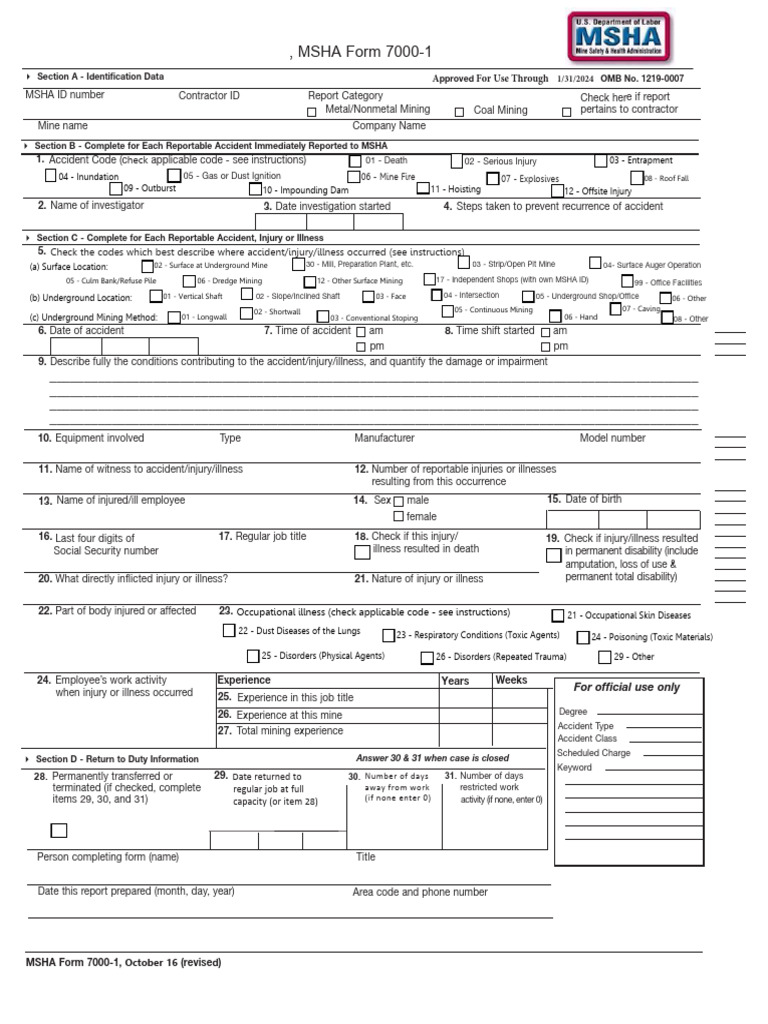 Mine Accident, Injury and Illness Report:, MSHA Form 7000-1 | PDF ...