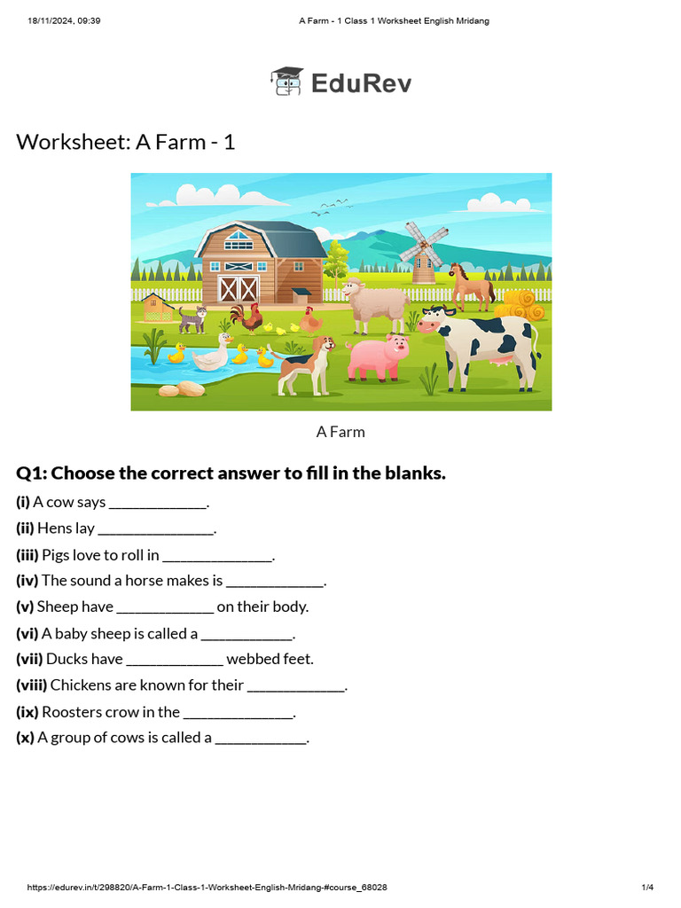 Class 1 A Farm Worksheet | PDF | Chicken | Sheep
