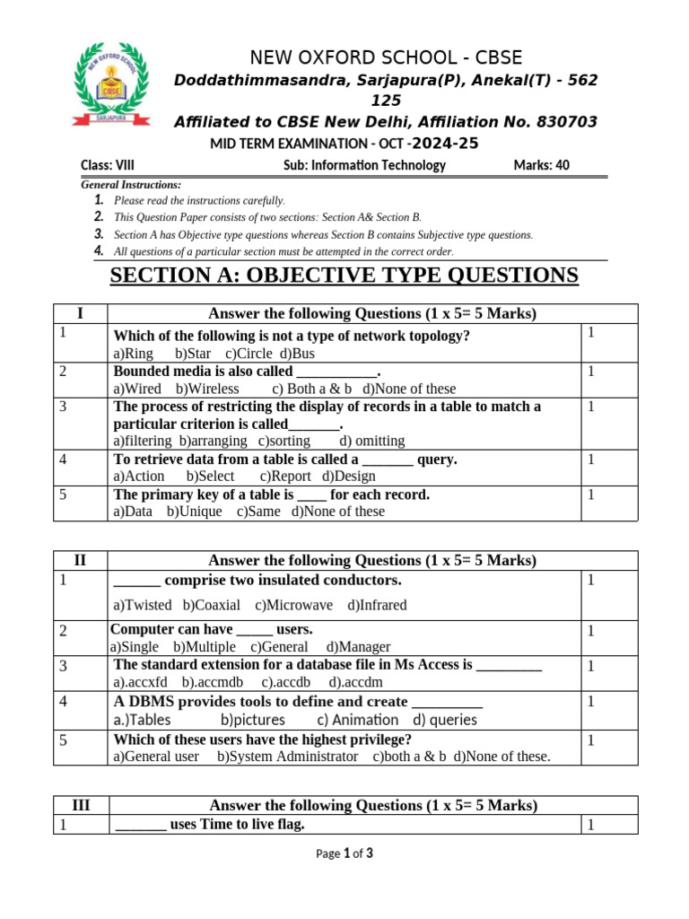 Class VIII IT Midterm Exam | PDF | Databases | Computer Network